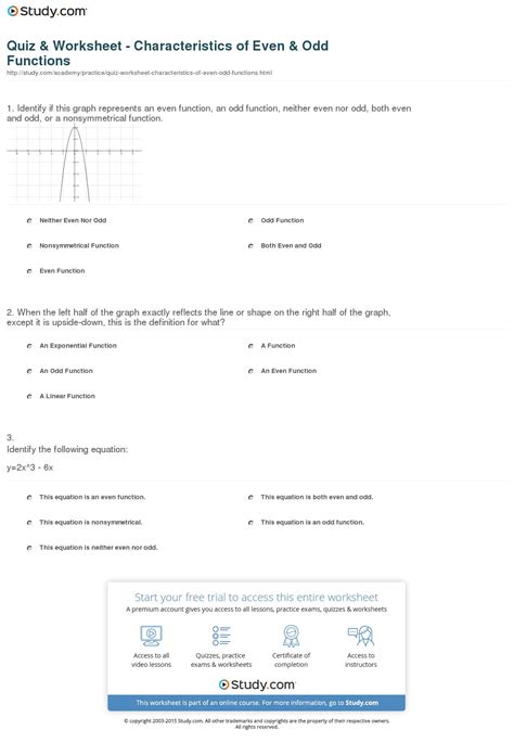 Quiz Worksheet Characteristics Of Even Odd Functions — Db