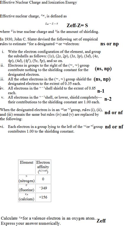 Solved Effective Nuclear Charge And Ionization Energy