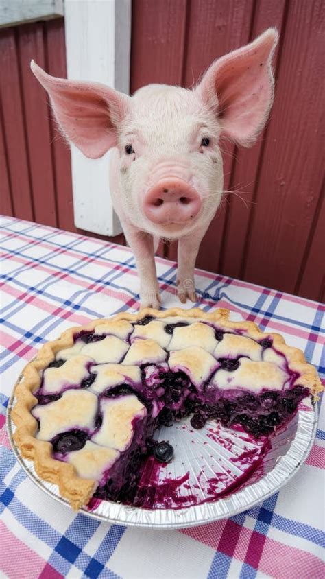 Young Pig On Table Facing Pie With Purple Filling Rural Background
