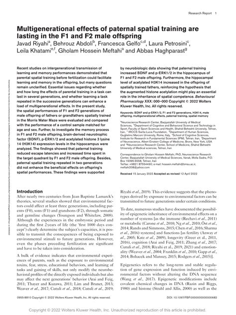 Pdf Multigenerational Effects Of Paternal Spatial Training Are Lasting In The F1 And F2 Male
