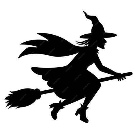 Una Bruja Volando Con Una Escoba Y Una Bruja En Ella Vector Premium