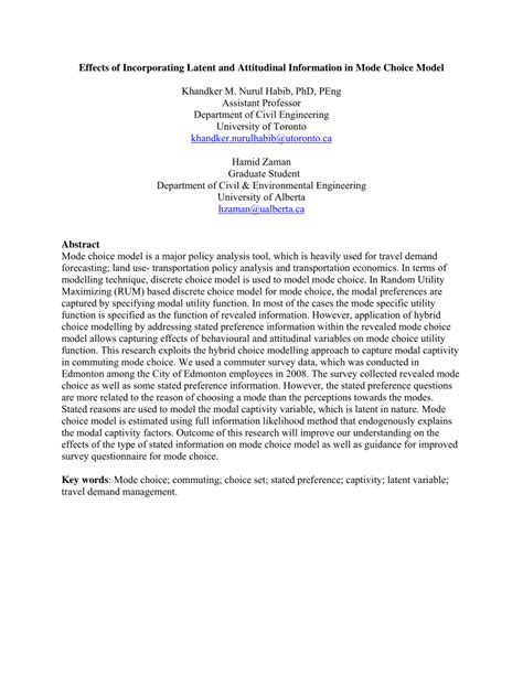 Pdf Effects Of Incorporating Latent And Attitudinal Information In Mode Choice Models