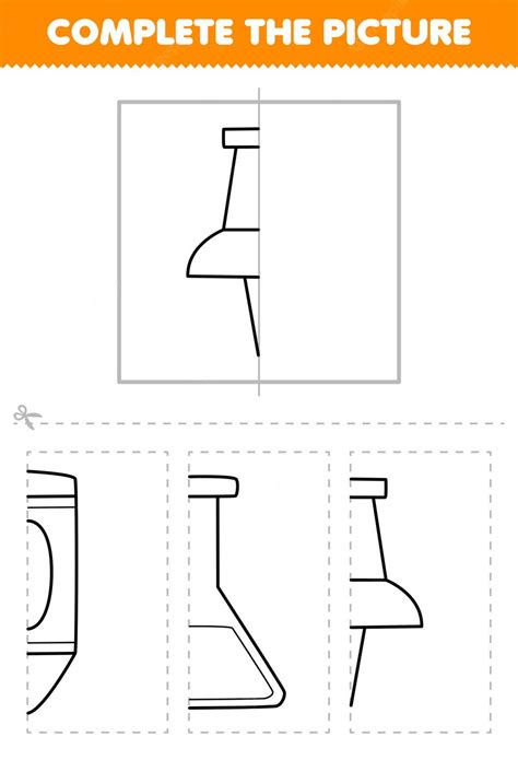 어린이를 위한 교육 게임은 인쇄 가능한 도구 워크시트를 색칠하기 위한 귀여운 만화 핀 절반 윤곽선의 그림을 자르고 완성합니다