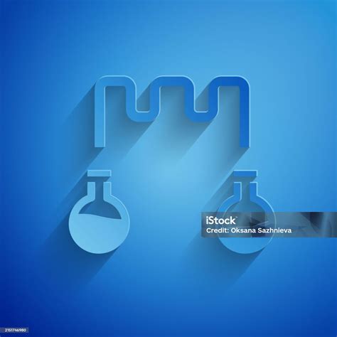 종이 절단 시험관과 플라스크 파란색 배경에 고립 된 화학 실험실 테스트 아이콘 유체 이송 시스템 실험실 유리 기호입니다 페이퍼 아트 스타일입니다 벡터 0명에 대한 스톡 벡터