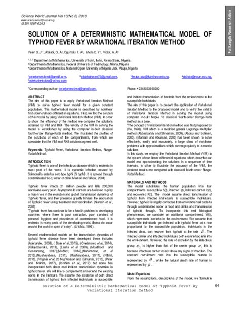 Pdf Solution Of A Deterministic Mathematical Model Of Typhoid Fever