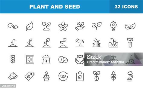 식물 및 종자 라인 아이콘 편집 가능한 획 잎 나무 생태 환경 농업 심기 성장 급수 재활용 꽃 정원 자연 농장과 같은 아이콘이 포함되어 있습니다 개체 그룹에 대한 스톡 벡터