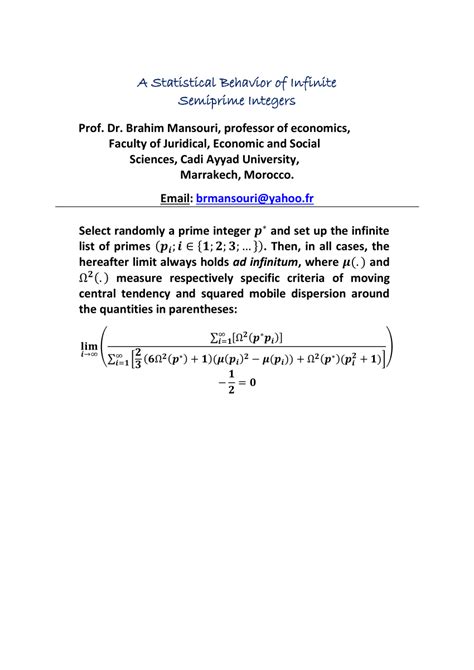 Pdf A Statistical Behavior Of Infinite Semiprime Integers