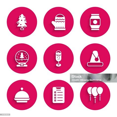 샴페인 유리 새해 목표 목록 리본이 달린 풍선 크리스마스 산타 클로스 모자 덮힌 쟁반 스노우 글로브 맥주 캔 및 나무 아이콘을