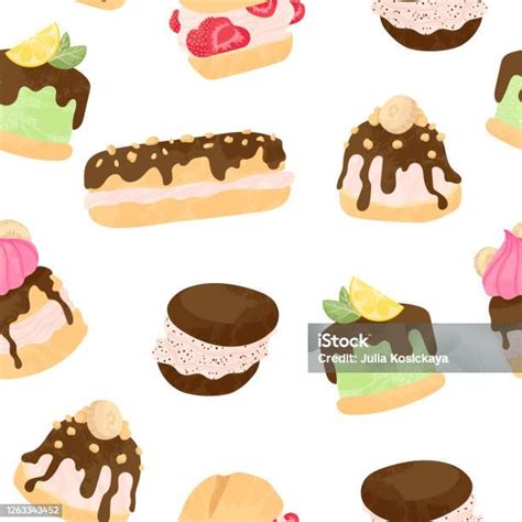플랫 만화 스타일의 다양한 케이크 에클레어 및 수익 벡터 원활한 패턴 흰색 배경에 초콜릿 딸기와 과일을 귀여운 다채로운 디저트 거품 내기에 대한 스톡 벡터 아트 및 기타