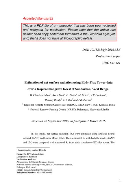 PDF Estimation Of Net Surface Radiation Using Eddy Flux Tower Data Over A Tropical Mangrove