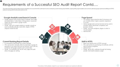 SEO Audit Summary To Increase Requirements Of A Successful SEO Audit Report Portrait PDF