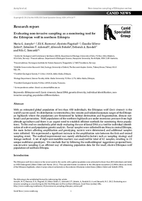 Pdf Evaluating Non Invasive Sampling As A Monitoring Tool For The Ethiopian Wolf In Northern