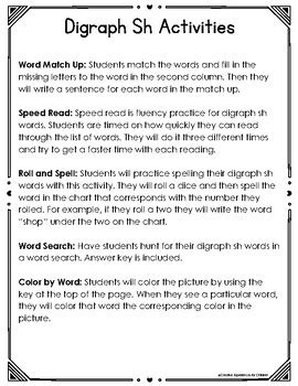 Digraph Sh Worksheets Activities And Games Tpt