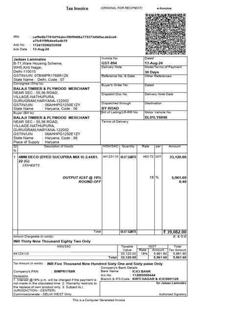 Invoice For Balaji Timber And Plywood Pdf Economies Taxation