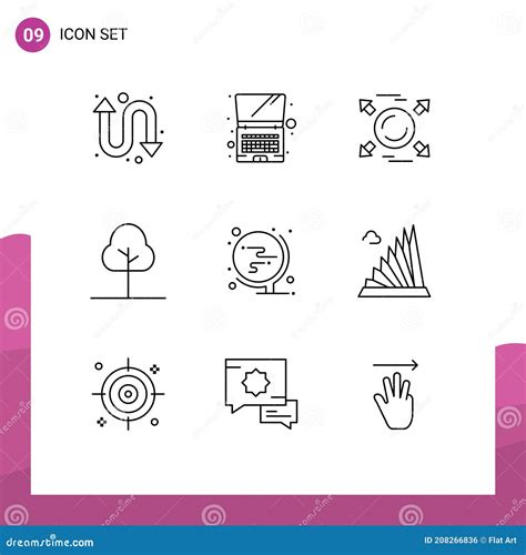 Set Of 9 Vector Outlines On Grid For Building Globe Direction World Nature Stock Vector
