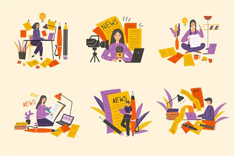 저널리스트 노트북에서 일하는 카피라이터 블로거 기사 쓰기 태블릿에서 타이핑 최근 벡터 개념 양식화된 일러스트레이션 언론인에 대한