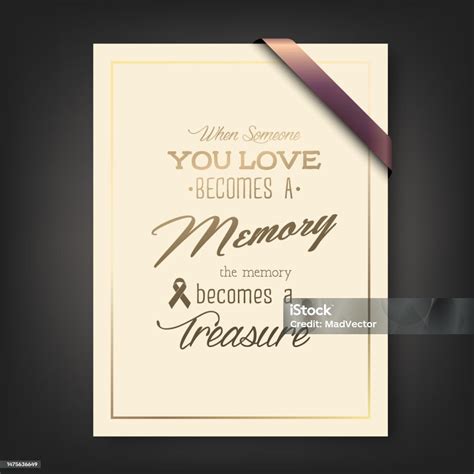 벡터 수직 A4 장례식 카드입니다 사랑하는 사람이 추억이 되면 그 기억은 보물이 된다 실크 리본과 활이 있는 카드 초대장을 위한