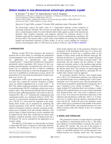 Pdf Defect Modes In One Dimensional Anisotropic Photonic Crystal