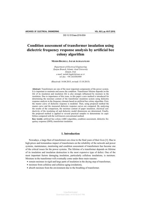 Pdf Condition Assessment Of Transformer Insulation Using Dielectric
