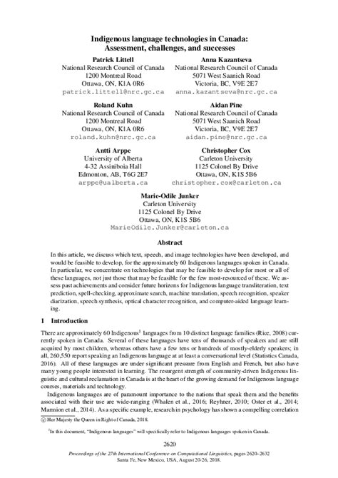 Pdf Indigenous Language Technologies In Canada Assessment Challenges And Successes