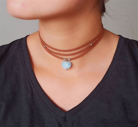 Aquamarin Choker Halskette März Geburtsstein Boho Wildleder Stapeln
