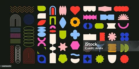 복고풍 브루탈리즘 모양 펑키 70 년대 80 년대 90 년대 기본 원시 인물의 현대 생성자 그루비 현대 기하학적 스위스 바우 하우스 스타일 벡터 절연 세트 Brutalism