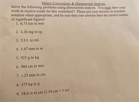 Solved Metric Conversions And Dimensional Analysis Solve The