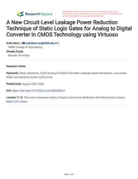 PDF A New CircuitLevel Leakage Power Reduction Technique Of Static Logic Gates For Analog To