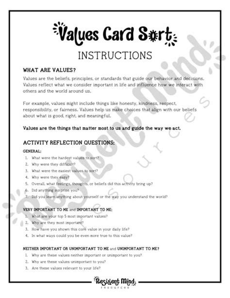 Values Card Sort Activity By Resilient Mind Resources Tpt