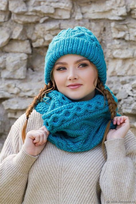 Комплект вязаный женский шарф снуд в два оборота и шапка Бирюза в интернет магазине на Ярмарке