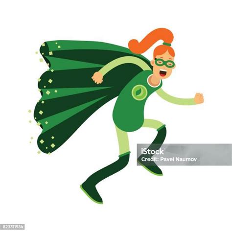 생태 슈퍼 히어로 빨강 머리 여자 실행 에코 개념 벡터 일러스트 레이 션 0명에 대한 스톡 벡터 아트 및 기타 이미지 0명