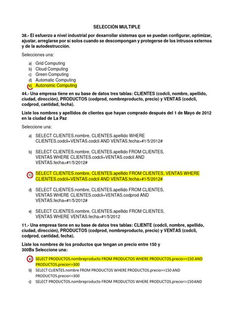 SelecciÓn Multiple Examen Final Pdf Sql Informática