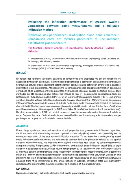 Pdf Evaluating The Infiltration Performance Of Grassed Swales Comparison Between Point