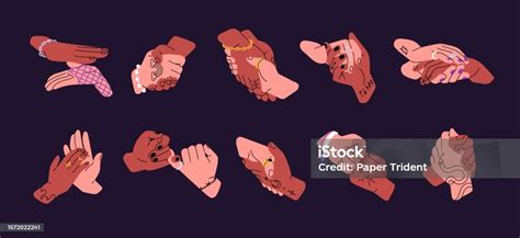 안녕하세요 제스처가 설정되었습니다 두 친구는 악수 주먹 부딪힘 펀치 손바닥 박수 만지기로 환영하며 함께 인사합니다 다른 Hello 유형 매너 격리된 평면 그래픽 벡터