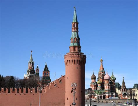 Kremlin Red Brick Wall With Towers And Intercession Cathedral On Red