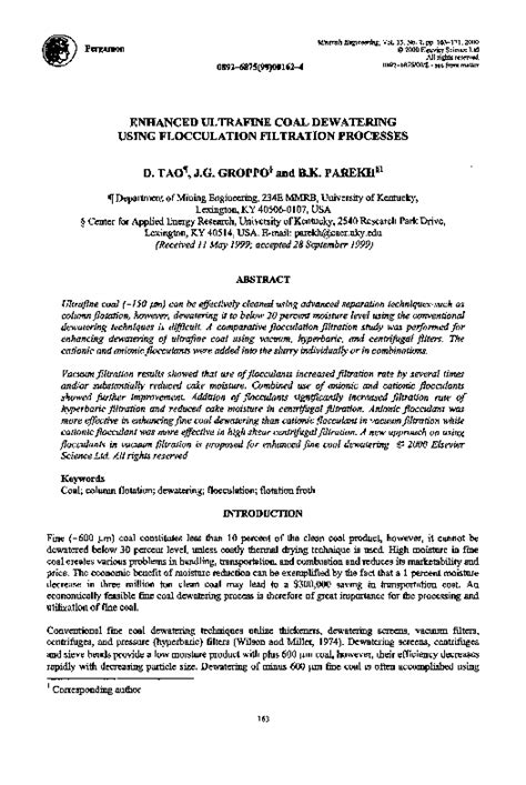 Pdf Enhanced Ultrafine Coal Dewatering Using Flocculation Filtration Processes