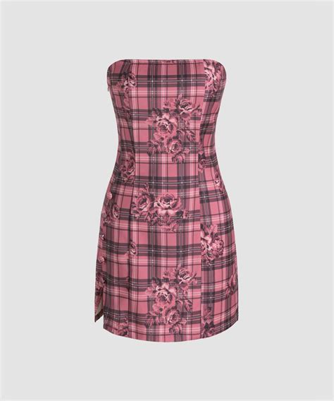 플로럴 체크 스플릿 튜브 미니 원피스 에이블리