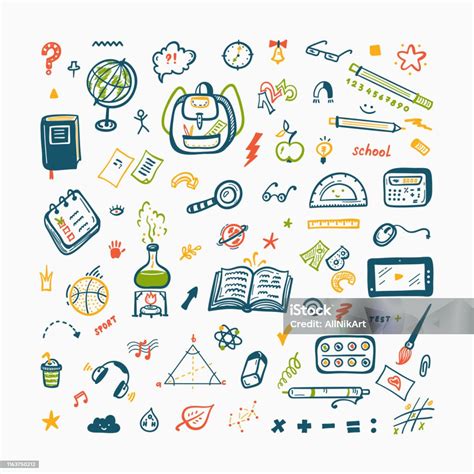 Hand Drawn Doodle School Memasok Ikon Vektor Set Koleksi Elemen Desain
