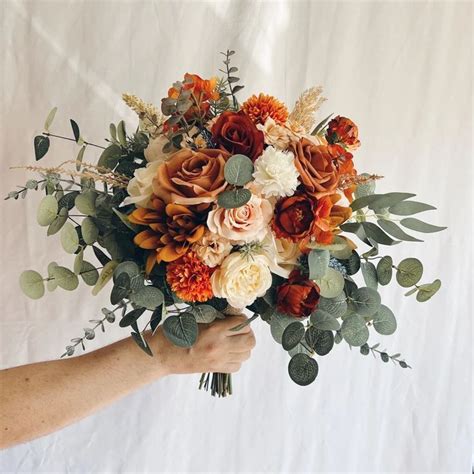 Faux Bridal Bouquet With Rust Orange Flowers And Eucalyptus Rust And