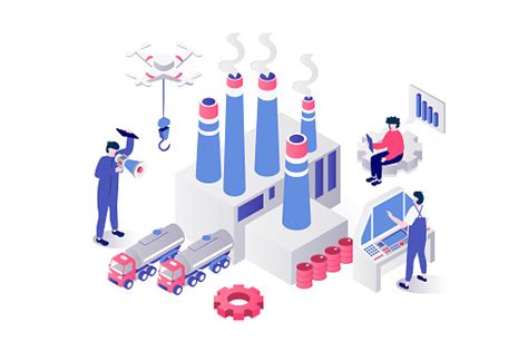 산업 생산 3d Isometric 개념 기하학 그래픽 디자인 웹 사람들은 굴뚝 파이프가 있는 공장 인프라에서 일하고 운송 물류를