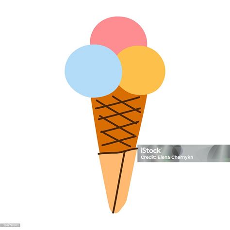 와플 콘에 담긴 다채로운 아이스크림 스쿱 더운 날과 휴가 분위기를 위한 밝고 맛있는 여름 디저트 아이콘 재미 있고 맛있는 치료 해변 휴가를위한 만화 플랫 스타일의 벡터