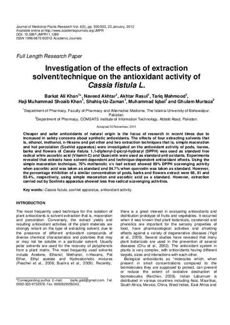 Pdf Investigation Of The Effects Of Extraction Solventtechnique On The Antioxidant Activity