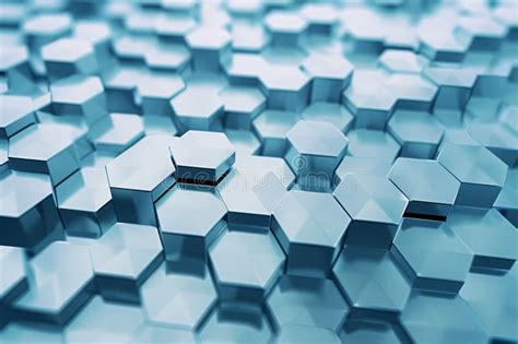 abstract hexagonal 3d shapes in shades of blue reflecting light stock