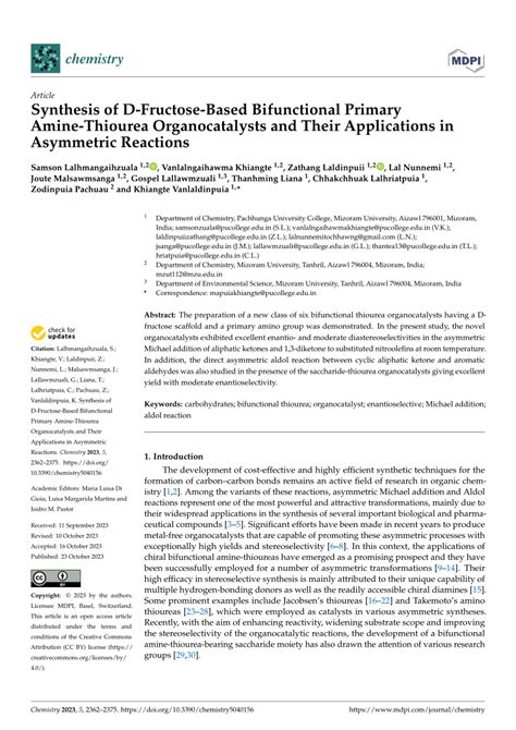 Pdf Synthesis Of D Fructose Based Bifunctional Primary Amine Thiourea Organocatalysts And