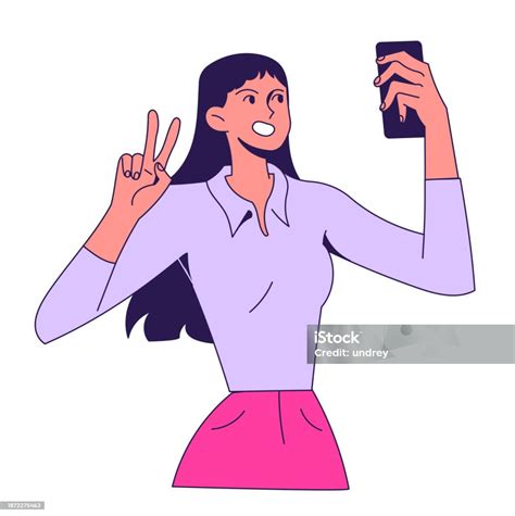 소녀는 비디오를 녹화하거나 스마트 폰 카메라로 대화하거나 화상 통화로 의사 소통합니다 이미지 기반 소셜 미디어에 대한 스톡 벡터 아트 및 기타 이미지 이미지 기반 소셜