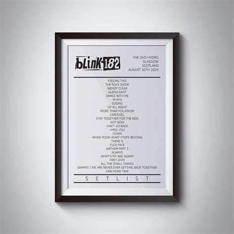 Blink 182 Tour Setlist Blink 182 Tour Setlist Music Home Decor Wall Art Poster