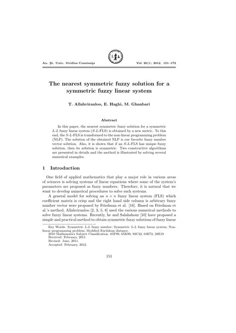 Pdf A Note On The Nearest Symmetric Fuzzy Solution For A Symmetric Fuzzy Linear System