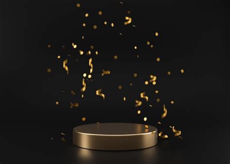 검은 배경에 떨어지는 색종이 조각이 있는 황금 연단 제품 화장품 프레젠테이션을 위한 우아한 연단 고급 모형 받침대 또는 미용 제품용 플랫폼 빈 장면 3d 렌더링 프리미엄 사진