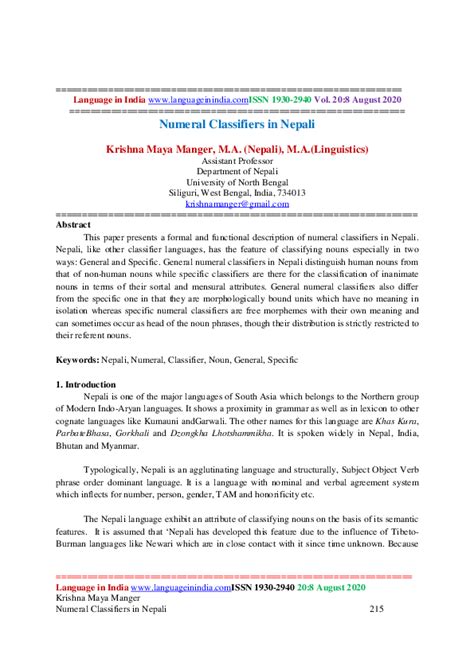 Pdf Numeral Classifiers In Nepali
