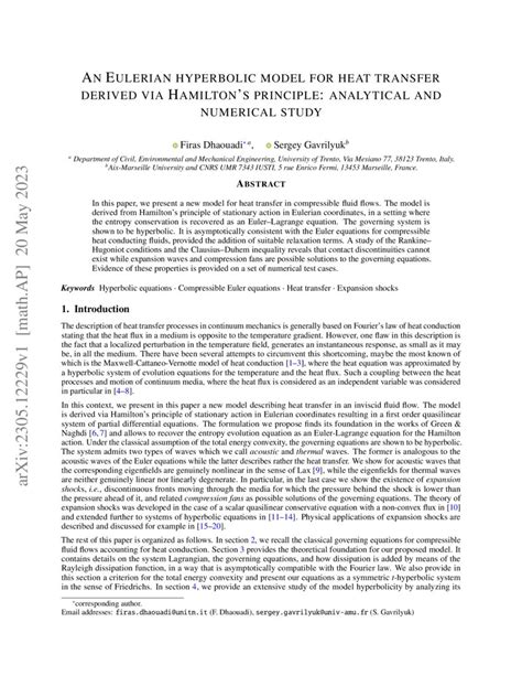 An Eulerian Hyperbolic Model For Heat Transfer Derived Via Hamiltons Principle Analytical And